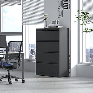 Yukimo Lateral File Cabinet with Lock, Metal File Cabinets for Home Office Legal/Letter A4 Size, File Cabinet with 4 Drawer Storage Cabinet, Black