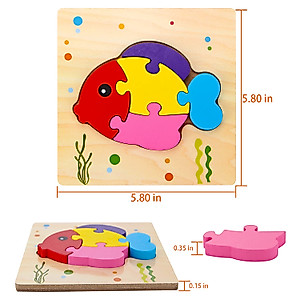 SKYFIELD Wooden Animal Puzzles for 1 2 3 Years Old Boys Girls, Toddler Educational Developmental Toys Gift with 6 Animals Baby Montessori Color Shapes Learning Puzzles