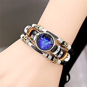 Zodiac Pisces Constellation Bracelet Handmade Woven Multilayer Zodiac Sign Leather Wrap Bracelet Wristband for Women Men Jewelry Gift 2Pcs Set
