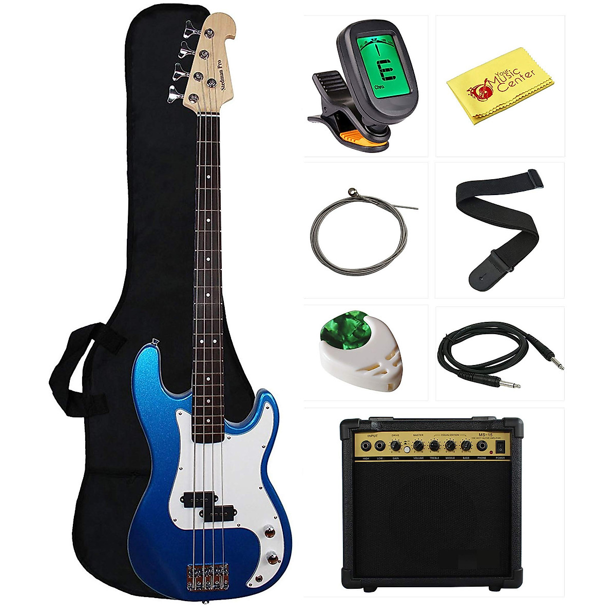 Stedman Beginner Series Bass Guitar Bundle with 15-Watt Amp, Gig Bag, Instrument Cable, Strap, Strings, Picks, and Polishing Cloth - Metallic Blue