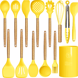 14 Pcs Silicone Cooking Utensils Kitchen Utensil Set - 446°F Heat Resistant,Turner Tongs,Spatula,Spoon,Brush,Whisk, Wooden Handles Yellow Kitchen Gadgets Tools Set for Nonstick Cookware (BPA Free)