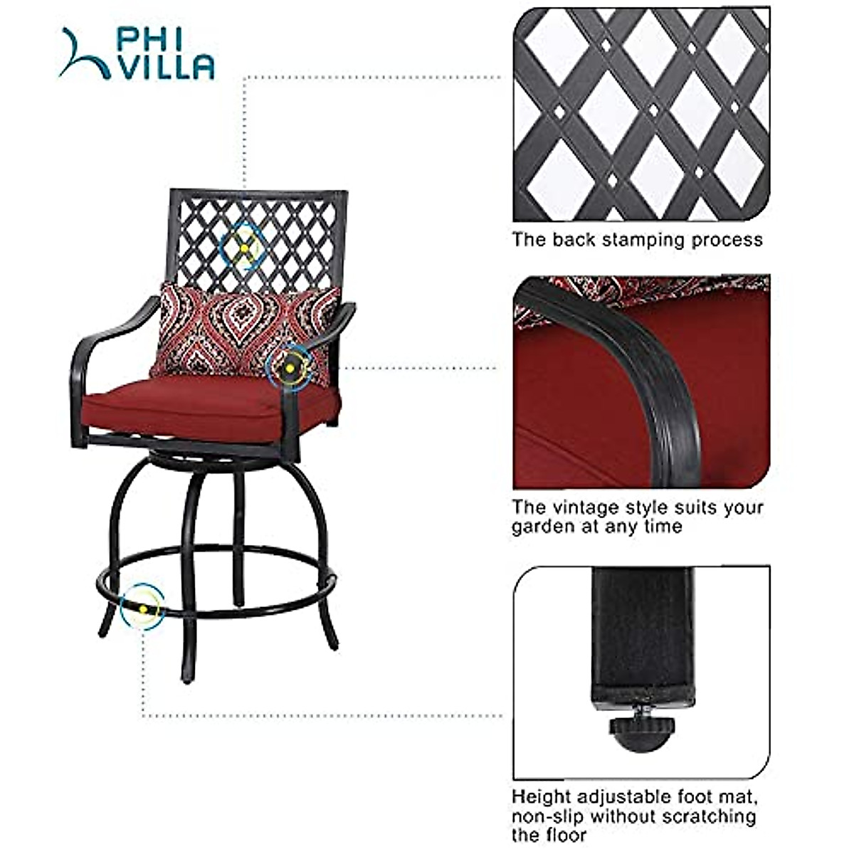 PHI VILLA Patio Bar Set, 5 pcs Outdoor Metal Bar Set with 4 Swivel Cushioned Stools & 31" Square Patio Bar Table with Umbrella Hole, Outdoor Furniture Set for Patios Backyard, Porches or Garden