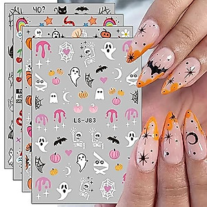 JMEOWIO 8 Sheets Halloween Nail Art Stickers Decals Self-Adhesive Pegatinas Uñas Pink Skull Cute Horror Ghost Spider Web Bat Pumpkin Spook Nail Supplies Nail Art Design Decoration Accessories