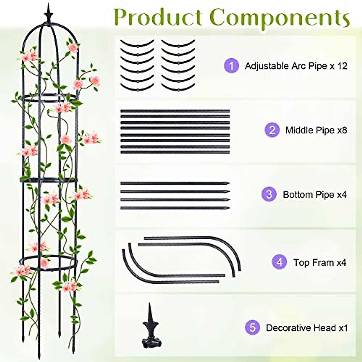 Trellis for Climbing Plants Outdoor, deaunbr Garden Plant Support Tall Tower Obelisk Vine Cages Plastic Coated Rustproof Metal Pipe Supports for Outdoor Indoor, Potted Plants, Tomato, Rose - 1 Pack