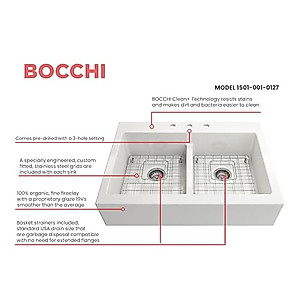 BOCCHI Nuova Apron Front Drop-In Fireclay 34 in. 50/50 Double Bowl Kitchen Sink with Protective Bottom Grids and Strainers in White