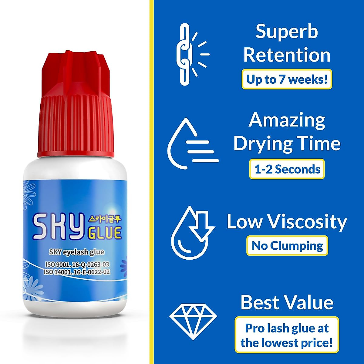 2 Bottles Sky Glue for Eyelash Extensions S+ | Super Strong Black Lash Extension Adhesive for Professional Long Lasting Semi Permanent Individual Lash Extensions | Fast Drying / 7+ Week Retention 5ml