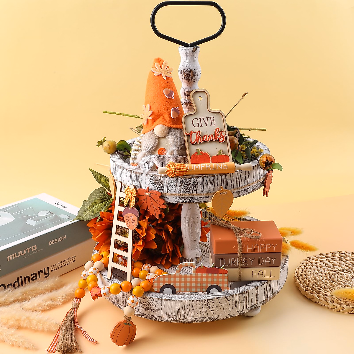 13 Pieces Fall Tiered Tray Decor Set Thanksgiving Pumpkin Tray Decor Faux Decorative Books Gnome Maple Leaves Truck Wooden Signs Rustic Farmhouse Fall Tabletop Decor for Autumn Thanksgiving