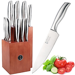 RITSU Knife Set, 13 Pieces Kitchen Knife Set with Block, German Steel Knife Block Set with 6pcs Serrated Steak Knives, Ultra Sharp Chef Knife Set with Hollow Handle