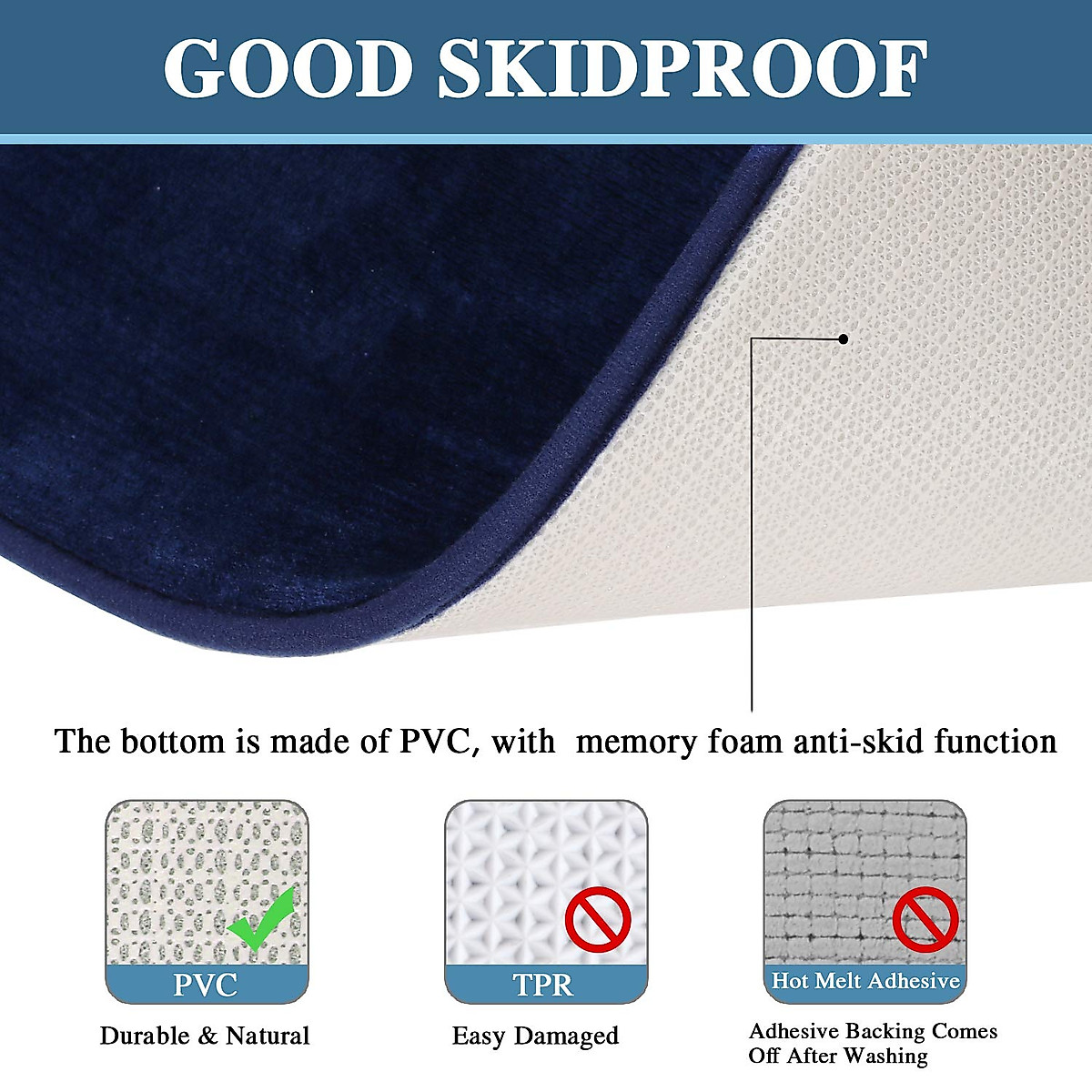 H.VERSAILTEX Kitchen Mat 2 PCS Kitchen Rugs Non Slip Memory Foam Flannel Velvety Kitchen Runner Rug Water Absorbent Soft Kitchen Rug Set for Floor Rug Standing Rugs(47" x 17" + 24" x 17", Navy)