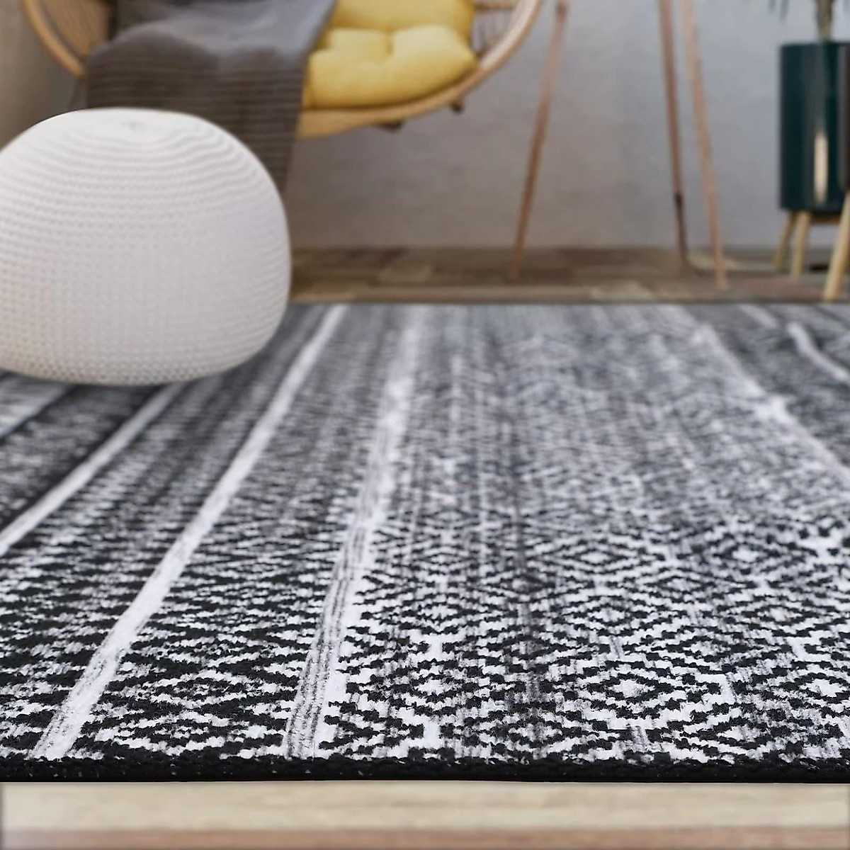 COZYLOOM Large Area Rug 9x12 Modern Geometric Floor Cover Non-Slip Washable Living Room Rug Boho Indoor Non-Shedding Area Rug Bedroom Home Office Kitchen Dining Room Throw Carpet Black