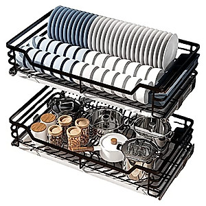 Pull Out Cabinet Drawer Organizer 2-Tier 304 Stainless Steel Wire Basket Pull Out Shelf Storage Organizer Heavy Duty Telescopic Shelving Slide Out Storage for Kitchen Base Cabinet, Cupboard, Pantry (B