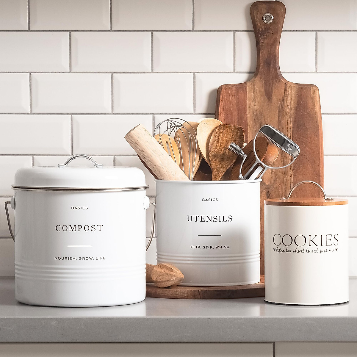 D'Lifeful Farmhouse Kitchen Utensil Holder (Jumbo Size - 7" x 7”) - Large Utensil Caddy for Countertop, Utensil Holder for Kitchen Counter Decor, Utensil Organizer (White)