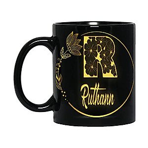 Coffee Mug Personalized Ruthann Name & Initial Letter Monogram Floral Alphabet Mug Golden Flowers Custom Black Coffee Cup, Gift for Her Mom Coworker Sister, Wife, Girl 11oz Black Mug 486160