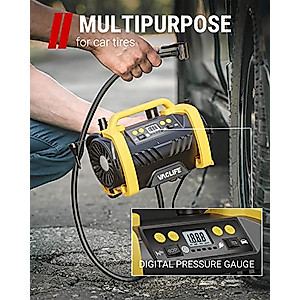 VacLife Tire Inflator Portable Air Compressor - 12V DC/120V AC Car Tire Pump for Air Mattress Beds, Boats with Inflation and Deflation Modes, Dual Powerful Motors, Model: ATJ-6588, Yellow (VL758)