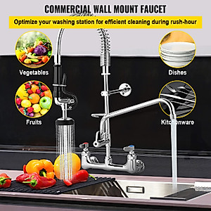 VEVOR Commercial Faucet with Pre-Rinse Sprayer, 8" Adjustable Center Wall Mount Kitchen Faucet with 12" Swivel Spout, 25" Height Compartment Sink Faucet for Industrial Restaurant, Lead-Free Brass