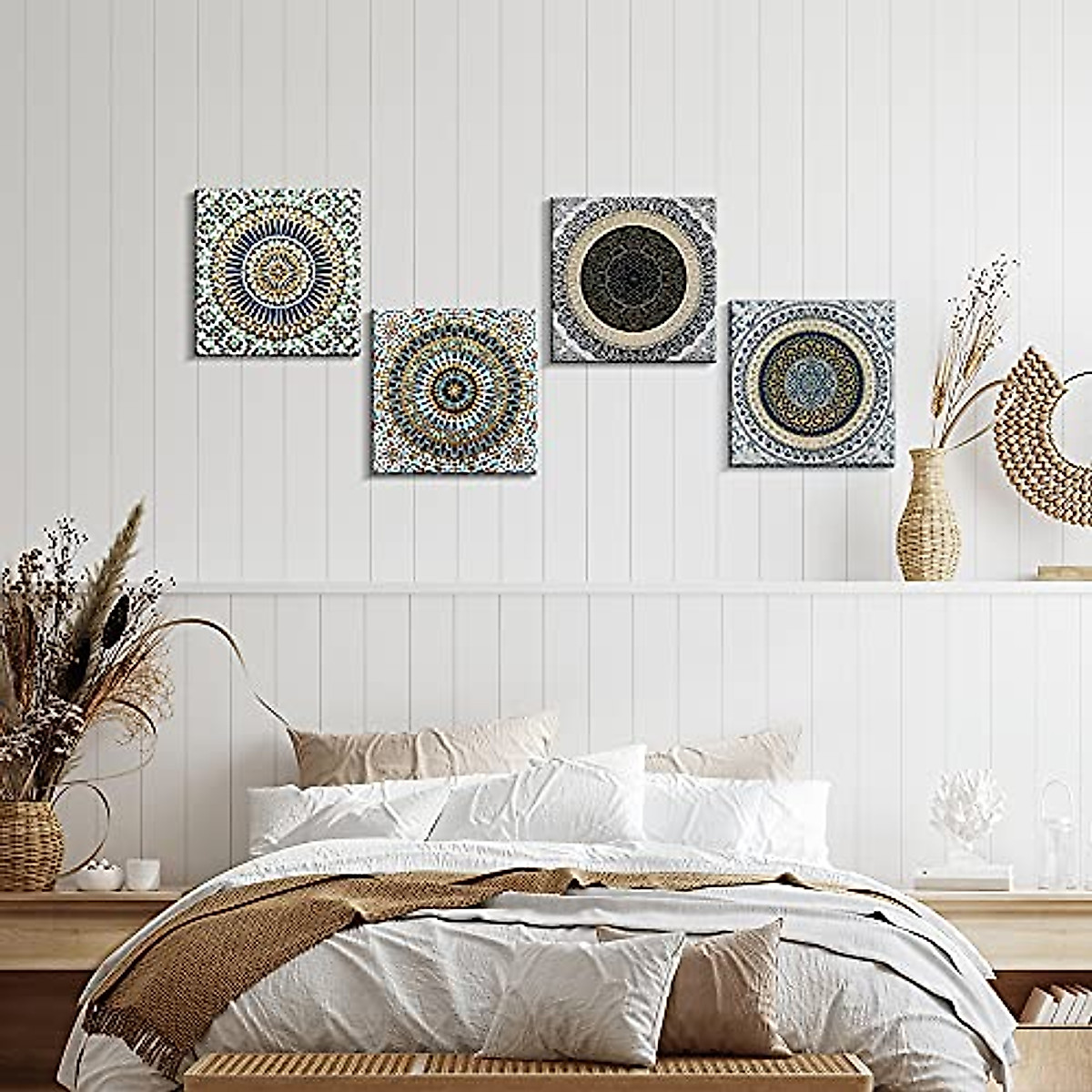 Bathroom Decor Boho Canvas Wall Art 4 Panel Mandala Canvas Print Artwork for Living Room Bedroom Decoration (12"x12"x4, B)