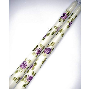 Decorative Dripless Romantic Hand Painted Purple Flower Lavender Rose Taper Candles Set in a Gift Box