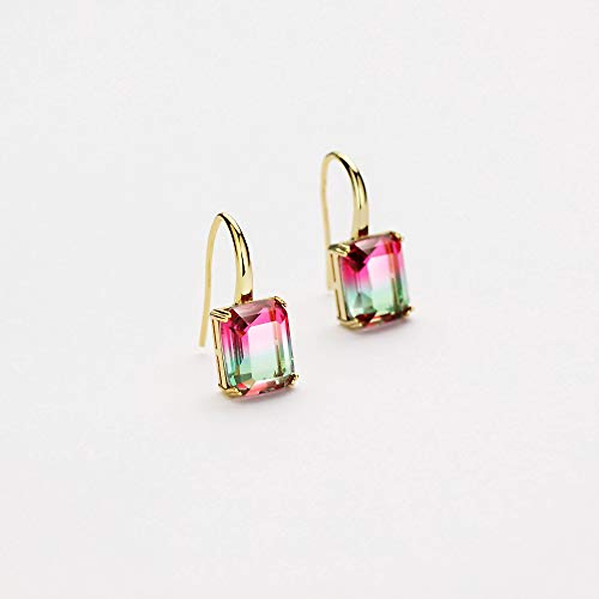Watermelon Tourmaline Drop Earrings Nickel Free Copper Gradient Color Baguette Cut CZ Earrings for Women Girls