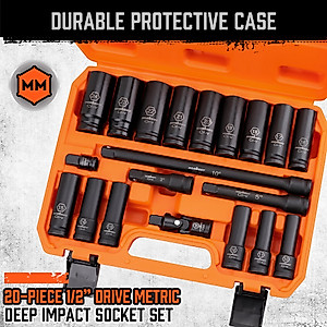 HORUSDY 20-Piece 1/2 Impact Socket Set | Metric (10mm - 24mm) | 6 Point Impact Socket Set 1/2 Drive with Case | Cr-V Steel | 3", 5", and 10" Impact Extension Bars