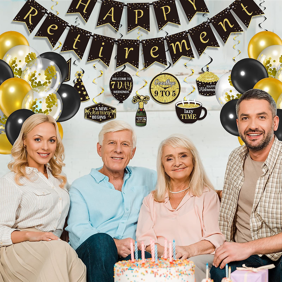 Retirement Party Decorations Set, Happy Retirement Banner Confetti Balloon Retirement Party Hanging Swirls Decorations Kit for Women Retirement Party Indoor Outdoor Supplies (Black and Gold)