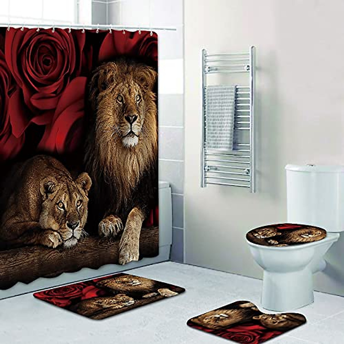 GUDAGUU 4 Piece Red Rose with Tiger and Lion Shower Curtains Bathroom Sets,Romantic Animals Bath Rugs Toilet Seat Cover