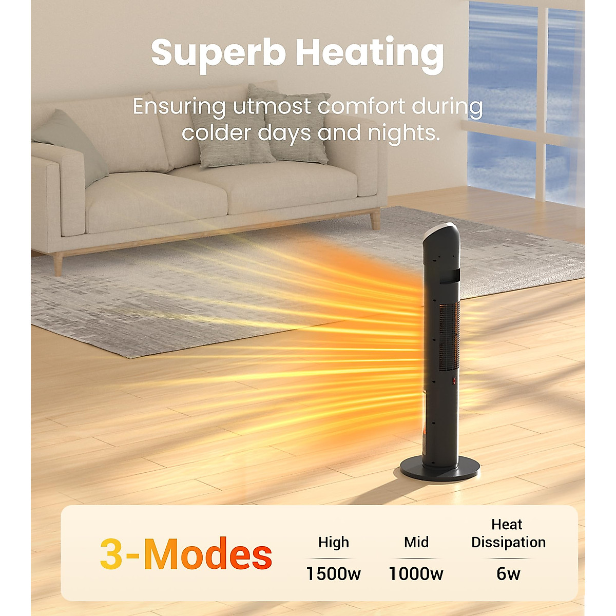 Mountman Space Heater, 38" Tower Heater with Remote, 3 Modes, 80° Osillation, Overheating & Tip-Over Protection, Electric Heater for Large Room, Office Use