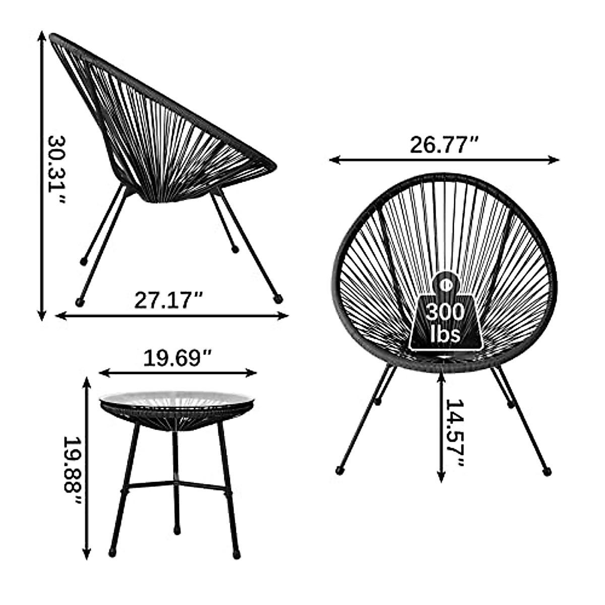 Arlopu 3-Piece Outdoor Acapulco Chairs Patio Conversation Bistro Set, with Plastic Rope, Glass Tabletop, All-Weather Rattan Woven Rope Mid-Century Modern Style Furniture Chat Set (Black)