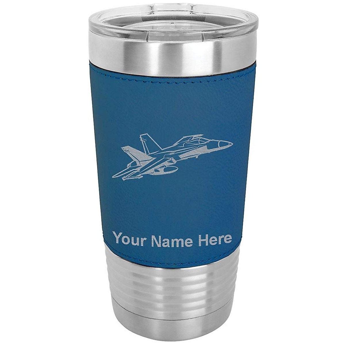 LaserGram 20oz Vacuum Insulated Tumbler Mug, Fighter Jet 2, Personalized Engraving Included (Faux Leather, Blue)