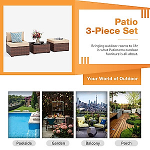 Patiorama 3 Piece Patio Furniture Set, Outdoor Sectional Sofa, PE Wicker Rattan Conversation Set, All Weather Armless Chair and Ottoman with Coffee Table, Brown Wicker Beige Cushion