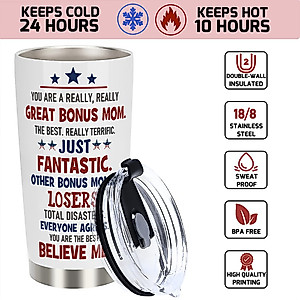 AREOK Gifts for Bonus Mom Gifts, Best Bonus Mom Ever Gifts from Daughter - Christmas Birthday Gifts for Bonus Step Mom, 20 OZ Stainless Steel Insulated Bonus Mom Tumbler Cup