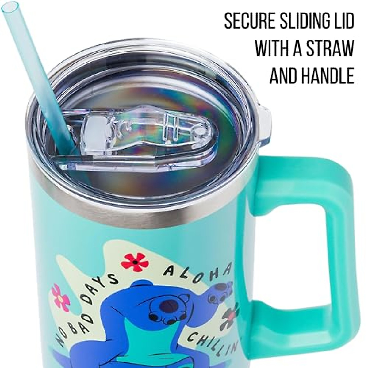 Silver Buffalo Disney Lilo and Stitch Aloha No Bad Days Chillin’ Stainless Steel Tumbler with Handle and Straw, Fits in Standard Cup Holder, 40 Ounces