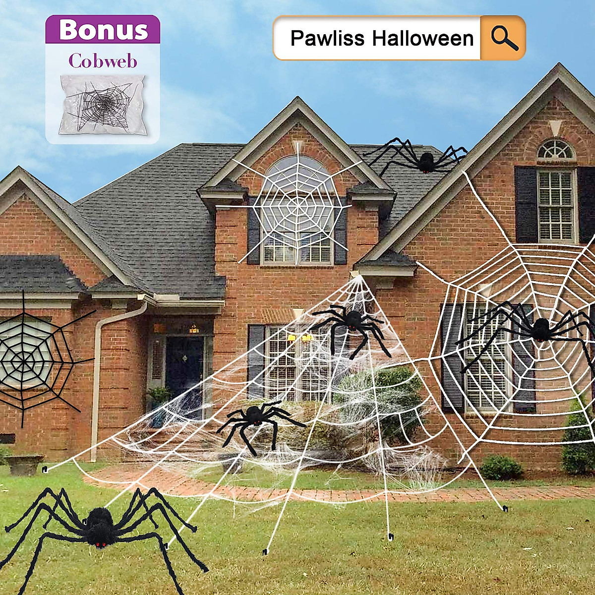 Pawliss Giant Spider Halloween Decorations, 16 Ft Giant Spider Web with 2 Pack 30 inches Spiders Set, Halloween Decorations Outdoor for Patio Lawn Yard Decor