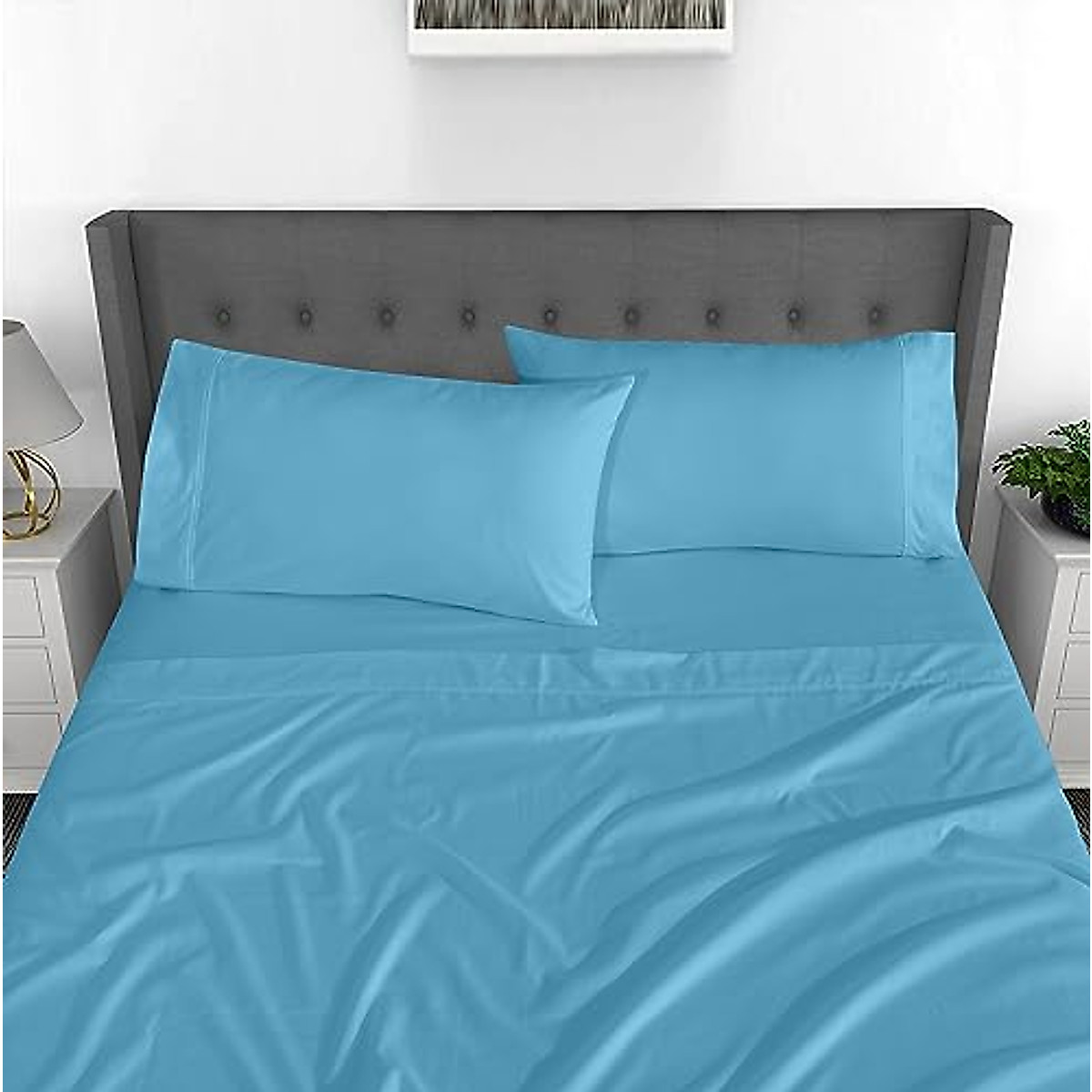 RUVANTI Full Size Sheets Set, Brushed Microfiber Sheets 4 Pieces (1 Fitted Sheet, 1 Flat Sheet, 2 Pillowcases), with 15-inch Deep Pockets, Lightweight & Compfy Premium Hotel Bedding, Sky Blue