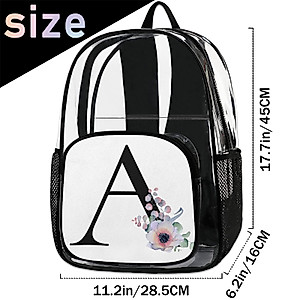Heavy Duty Clear Backpack Stadium Approved, Alphabet Monogram Floral M Letter PVC Transparent Backpack See Through Large Bookbag for Work School Travel College