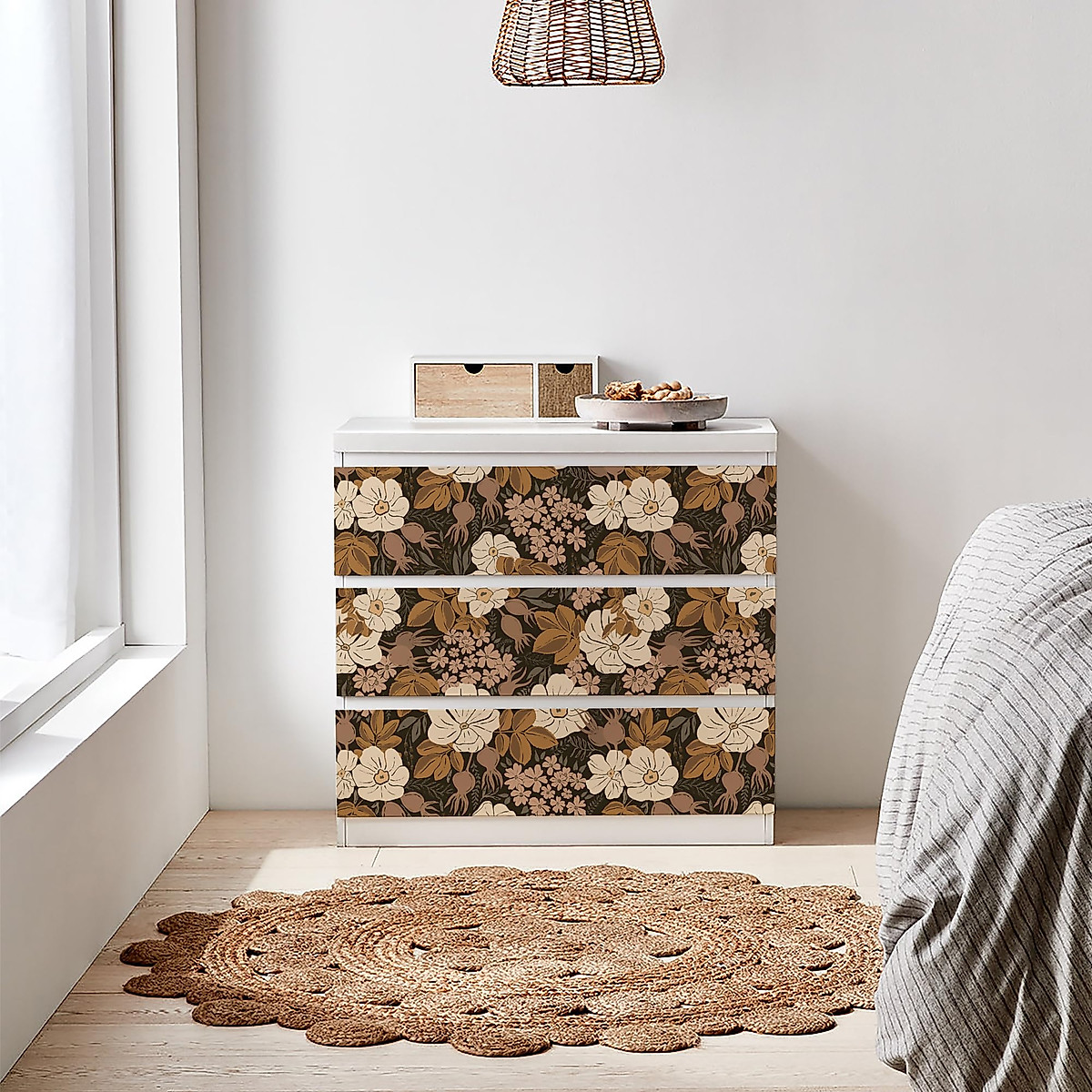 UniGoos Beige Flowers Peel and Stick Wallpaper Brown Leaves Temporary Wall Paper Roll Modern Self Adhesive Contact Paper for Cabinet Kids Room DIY Decor 17.7" x 118.1"