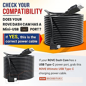 ROVE Ultimate 12ft Mini USB Car Charging Power Cable for R2-4K Dash Cam | with Mini-USB Port Only | Check Compatibility Image Before Purchasing