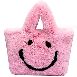 Women Smile Face Faux Fur Clutch Handbag Tote Bag Shoulder Bag Crossbody Bag with Detachable Chain (Light Pink)