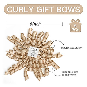 LIZLOVESS 6 Inch Champagne Curly Bows for Gift Wrapping Set of 6, Self Adhesive Bows Champagne Gold Gift Bows for Presents, Satin Ribbon Bows for Birthday, Wedding, Christmas, Bridal Shower