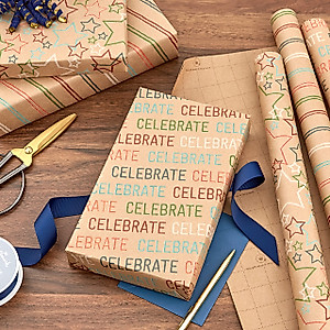 Hallmark Recyclable Wrapping Paper with Cutlines on Reverse (3 Rolls: 60 sq. ft. ttl) Rainbow Stripes, Celebrate, Stars on Kraft Brown for Birthdays, Graduations, Kids Parties