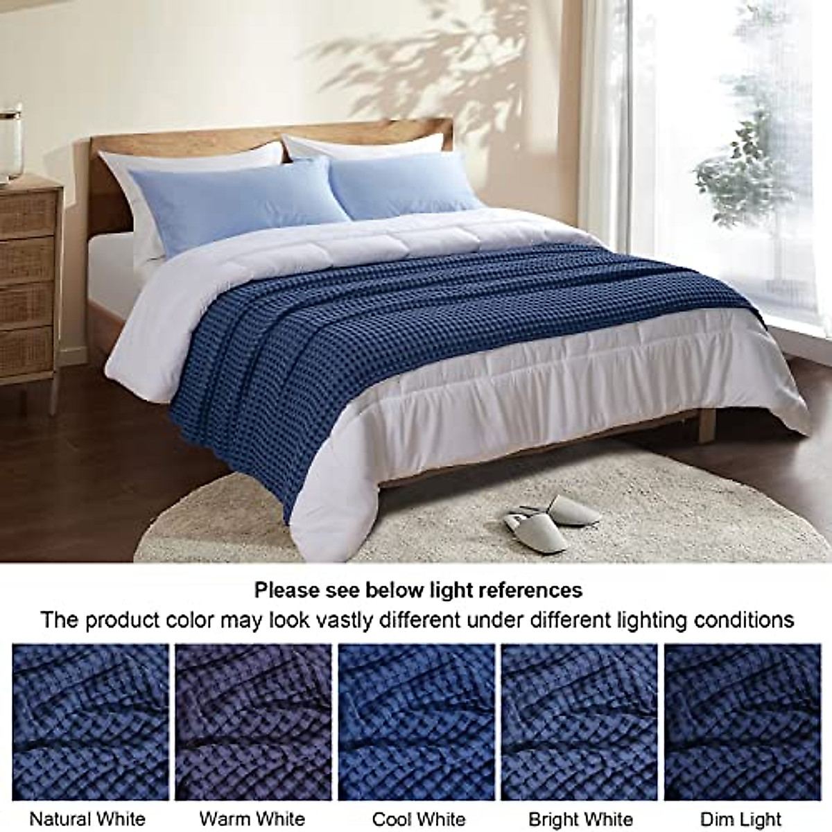 PHF Cooling Waffle Blanket, Queen Size, Lightweight, 60% Rayon from Bamboo & 40% Cotton, Breathable, Ultra Soft & Luxury, 90"x90", Blue