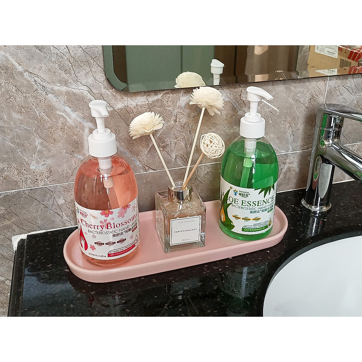 Ceramic Sink Tray, Bathroom Counter Tray, Bathtub Tray, Cosmetics Dish, Candle Tray, Perfume Shampoo Liquid Soap Tray Simple Style Design Suit for Bathroom and Kitchen (Pink)