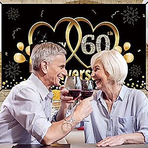 60th Anniversary Banner Backdrop Decorations - Large Happy 60 Year Wedding Anniversary Party Supplies Décor - Black Gold 60 Anniversary Poster Sign for Outdoor Indoor