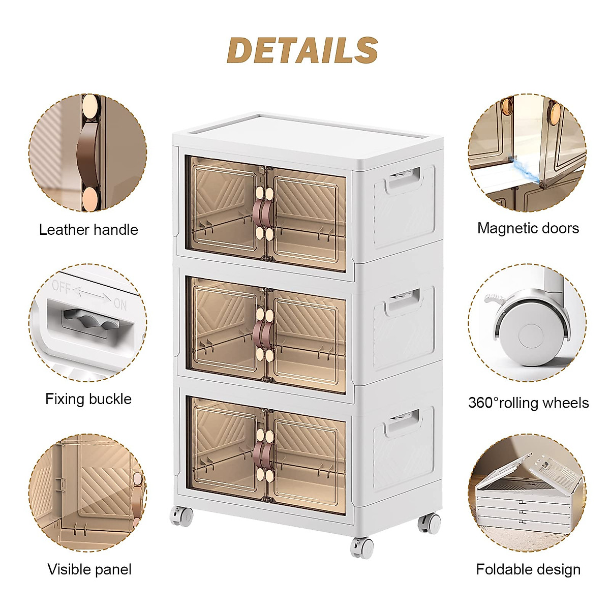 SYNCVIBE Stackable Storage Bins With Lids and Double Doors 3 Pack Plastic Storage Box Collapsible Organizer with Wheels Large Folding Storage Containers for Home Organization (3-pack, 8.4 Gal-white)