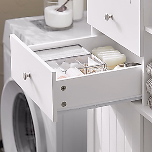 SoBuy Tall Laundry Cabinet Freestanding Storage Cabinet with Removable Basket, Narrow Storage Cabinet with Compartments and Drawers, Suitable for Bathroom, Laundry Room, White BZR104-W