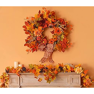 Fall Wreath for Front Door, 24 Inch Fall Door Wreath with Wreath Hanger, Autumn Pumpkin Wreath for Fall Decor Outdoor Indoor, Thanksgiving Day, Fall Decorations for Home