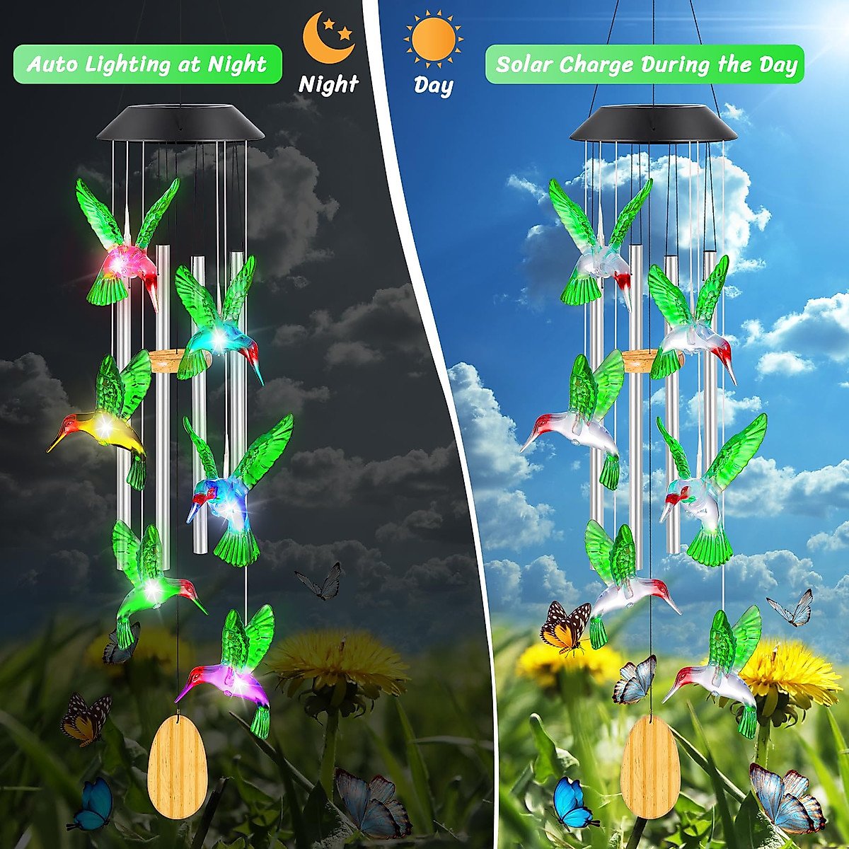 Mothers Day Wind Chimes Gifts for Mom Birthday Gifts for Women Mother‘s Day Gift for Grandma Wife Sister Gift Hummingbird Wind Chimes Solar Lights for Outside Garden Outdoor House Patio Décor