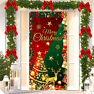 Red Green Christmas Door Cover Merry Christmas Door Decorations Banner Glitter Christmas Tree Elk Snowflake Porch Sign Backdrop Background for Christmas New Year Winter Holiday Party Decor Supplies