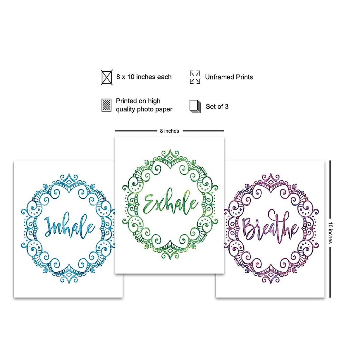 Inhale Exhale Wall Art - Inspirational Zen Wall Decor Picture Print Set - 8x10 Spiritual Home Decoration for Meditation Room, Yoga Studio, Office - Motivational Gift for Buddhist, Buddha, New Age Fans