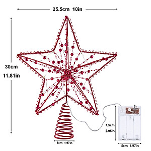 LAWOHO Christmas Tree Topper Star, 10 Inch LED Star Tree Topper, Red Beads Design Christmas Tree Star, Battery Powered Lighted Xmas Tree Topper for Holiday Seasonal Christmas Tree Decorations
