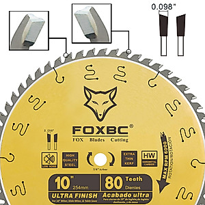 FOXBC 10-Inch Table Saw Blade, 80-Tooth, Ultra Finish Wood Cutting, 5/8-Inch Arbor
